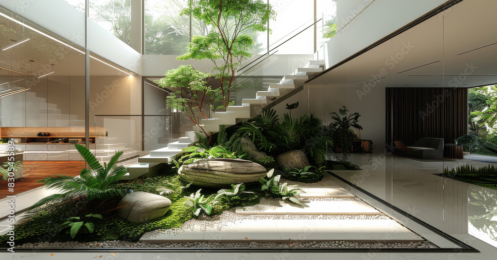 Strait rectangular u shape stairs with glass railing as main focal ...