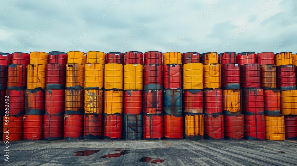 Oil barrels stacked high in a storage yard, each one a potential energy ...