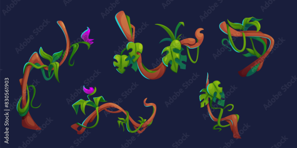 Liana vines set isolated on black background. Vector cartoon ...
