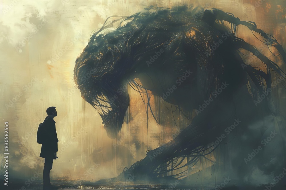 Frightened man facing monster shadow, light background, intense emotion ...