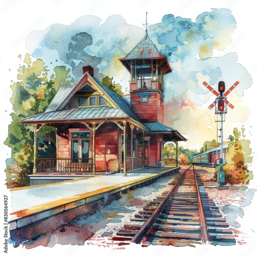 Watercolor painting of a vintage train station with railway tracks ...