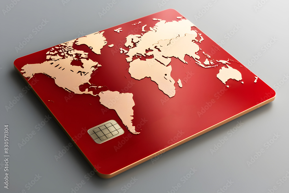 Digital dark red credit card display gold world map pattern on white ...