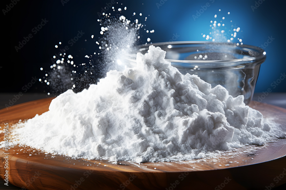 Cellulose powder, white powder or dust on a brown wooden cutting board ...