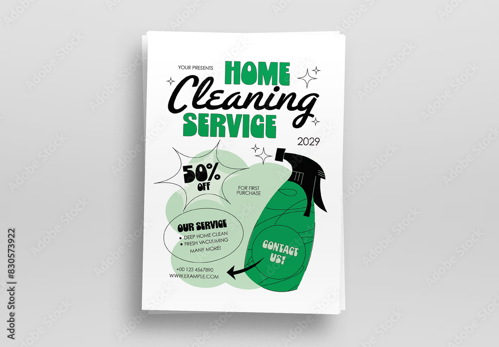 Green Line Art Home Cleaning Service Flyer Layout Stock Template ...