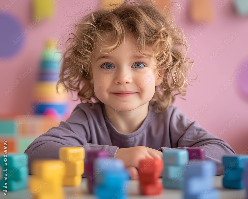 Smiling 4yearold exploring Montessori products, fascinated gaze, soft ...