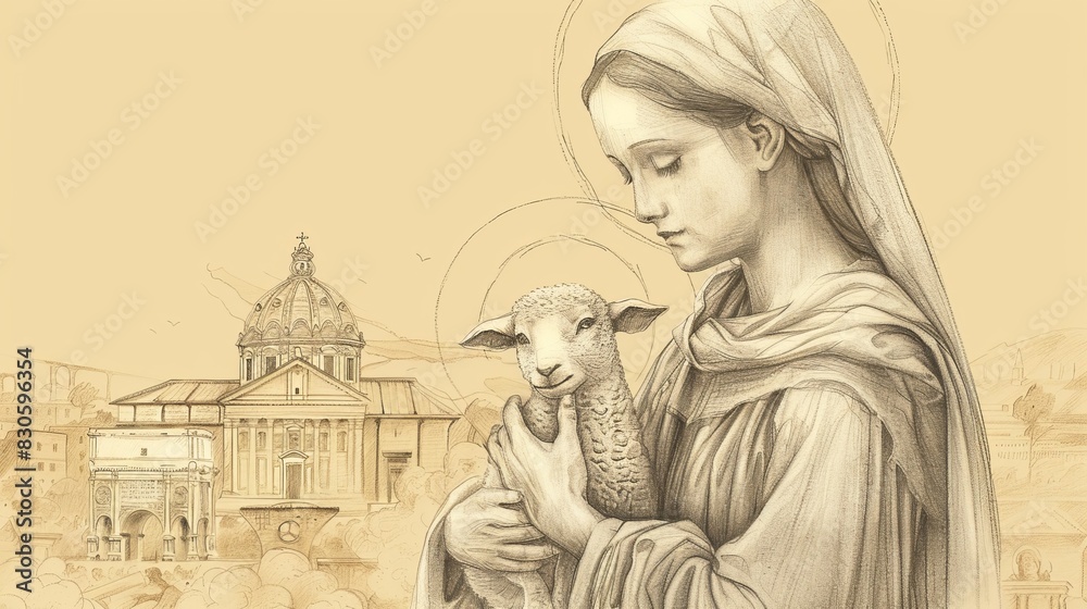 Biblical Illustration of St. Agnes of Rome Holding Lamb in Ancient Rome ...