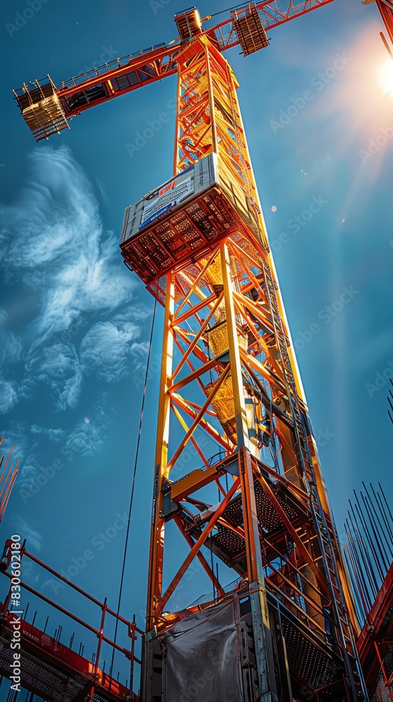 Towering construction crane reaching into a vibrant blue sky with ...