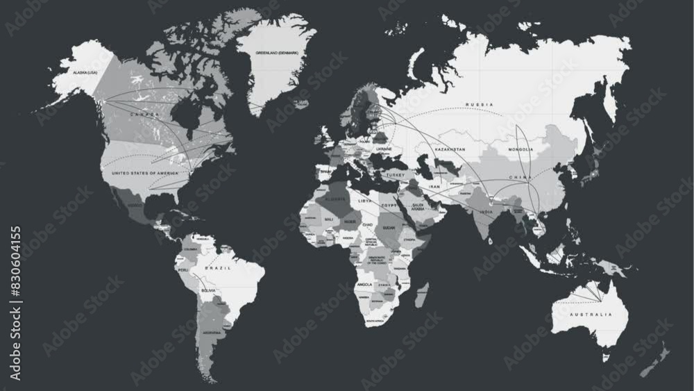 World map shows networks and connections of countries with complex ...