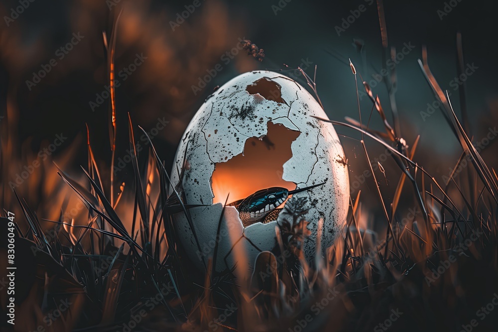 baby snake in egg. Small young snakes Snake nest. Reproduction of ...