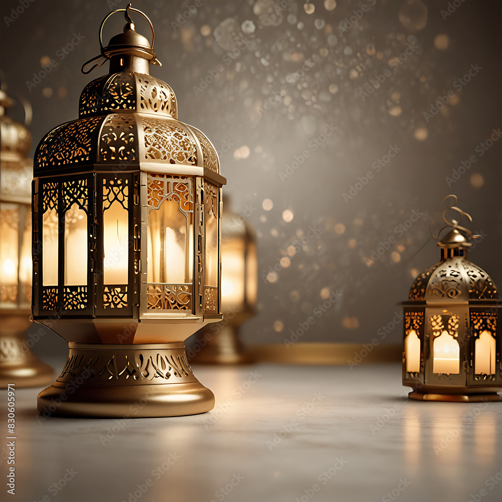 Islamic eid ul adha gold and white background lamp lighting horizontal ...