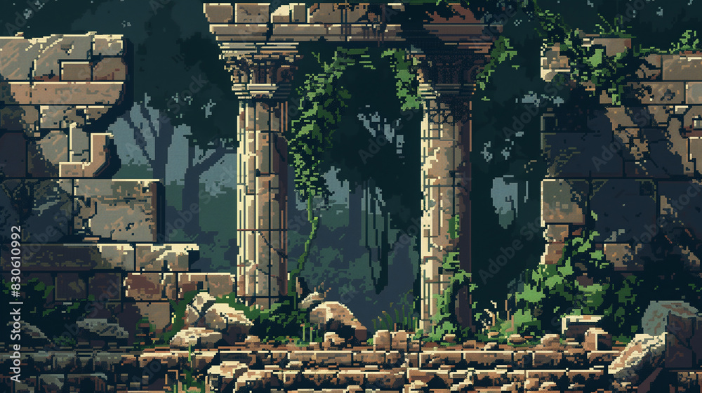 A pixel art ancient ruin with broken pillars, crumbling walls, and ...