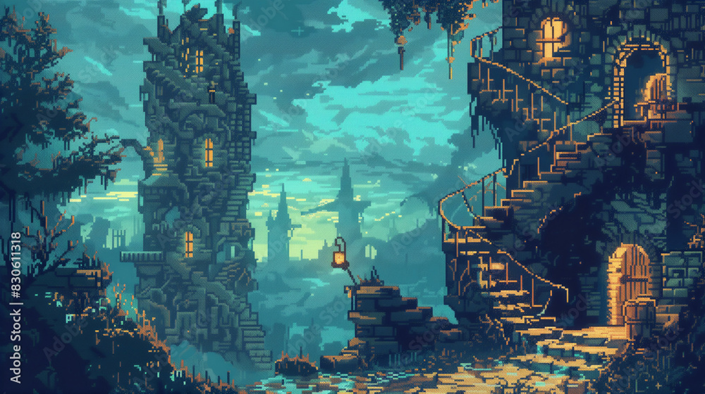 A pixel art wizard's tower with a spiraling staircase and mystical ...