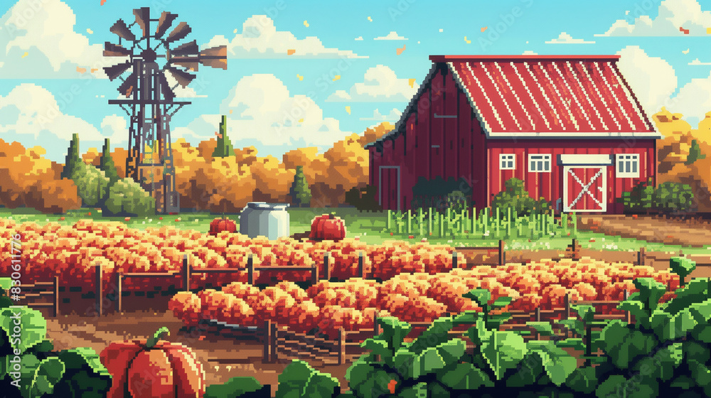 ภาพประกอบสต็อก A pixel art farm with a red barn, a windmill, and rows ...