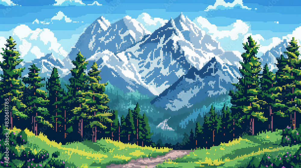 A pixel art mountain range with snowy peaks, evergreen forests, and a ...