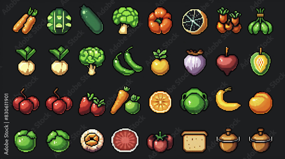 A set of pixel art food icons, including fruits, vegetables, and cooked ...