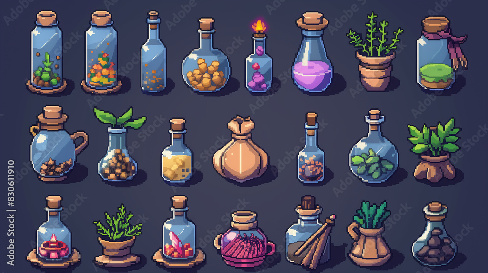 A collection of pixel art icons depicting various potions, herbs, and ...