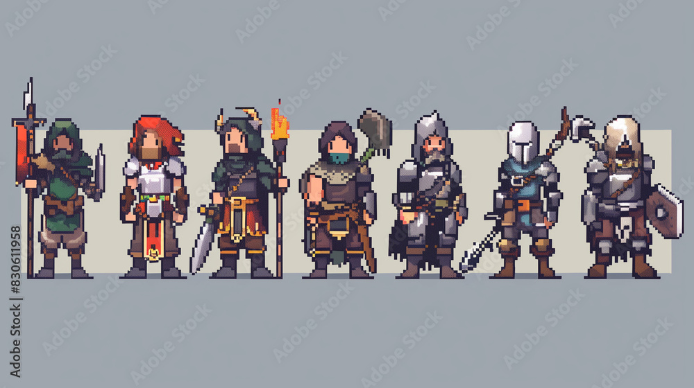 A series of pixel art icons of different character classes, such as ...