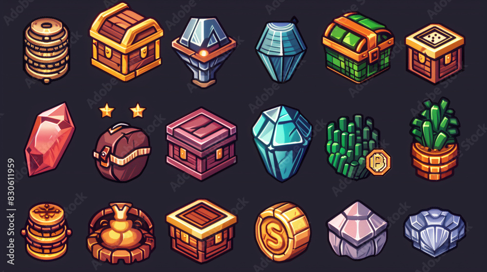 A group of pixel art icons showing different types of coins, gems, and ...