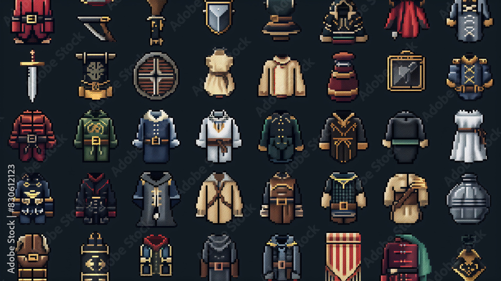 A series of pixel art icons depicting various types of clothing and ...