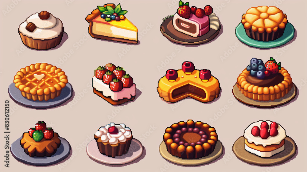 A collection of pixel art icons showing different types of foods ...