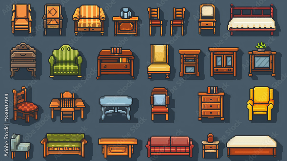 A set of pixel art icons for different types of furniture, such as ...