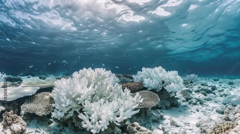 Coral Reef Bleaching: Photograph coral reefs bleached white due to ...