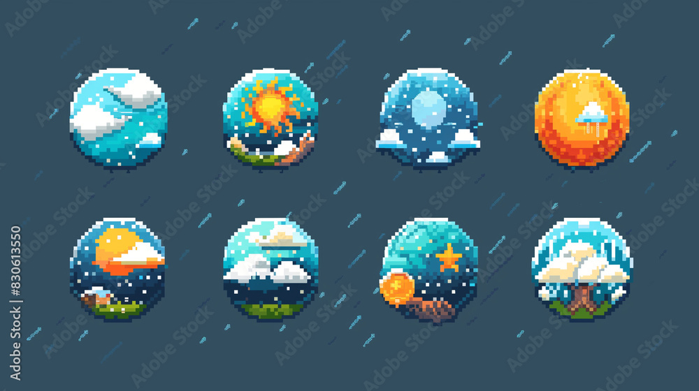 A series of pixel art icons depicting different weather conditions ...