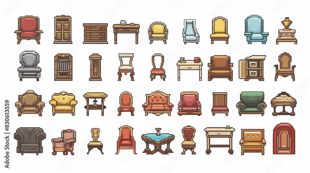 A set of pixel art icons for different types of furniture, such as ...