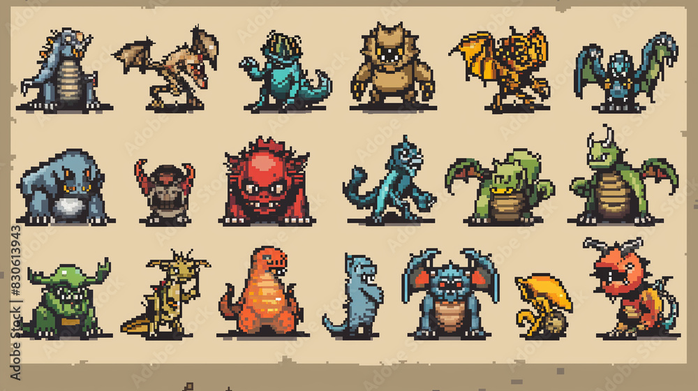A collection of pixel art icons showing different types of monsters and ...