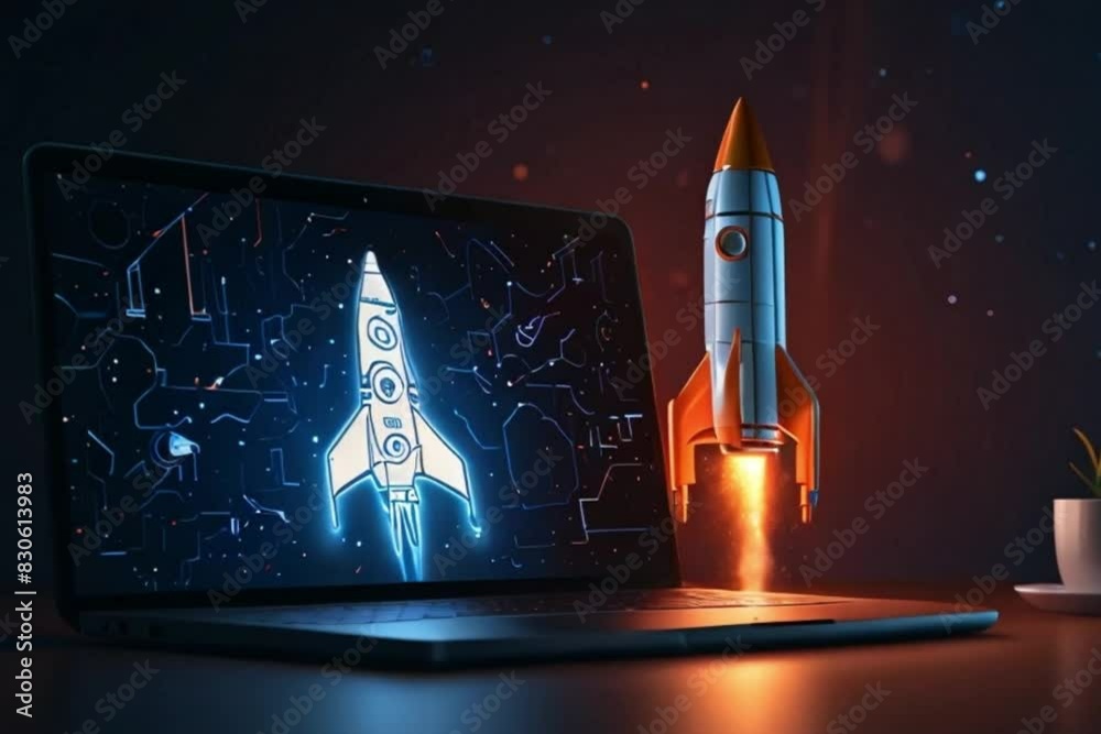 Digital illustration of rocket and laptop background with blue neon ...