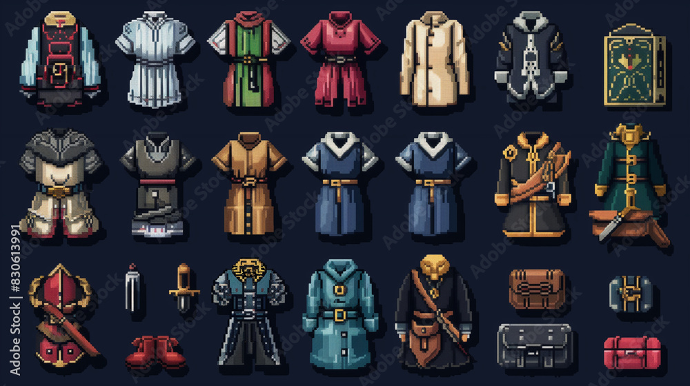 A series of pixel art icons depicting various types of clothing and ...