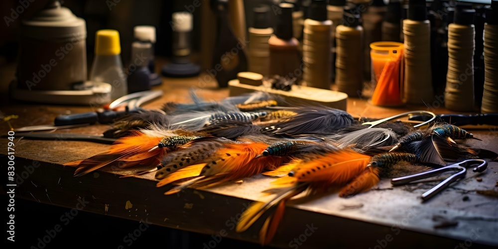 Showcasing tools and feathers for creating custom fishing flies at a station. Concept Fishing ...