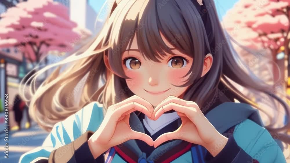 A cheerful anime girl with brown hair and rosy cheeks, making a heart ...