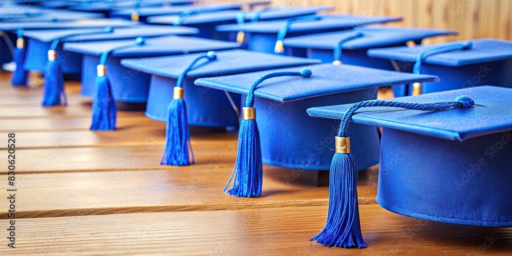 Academic caps in blue color arranged neatly in a row on a table Stock ...
