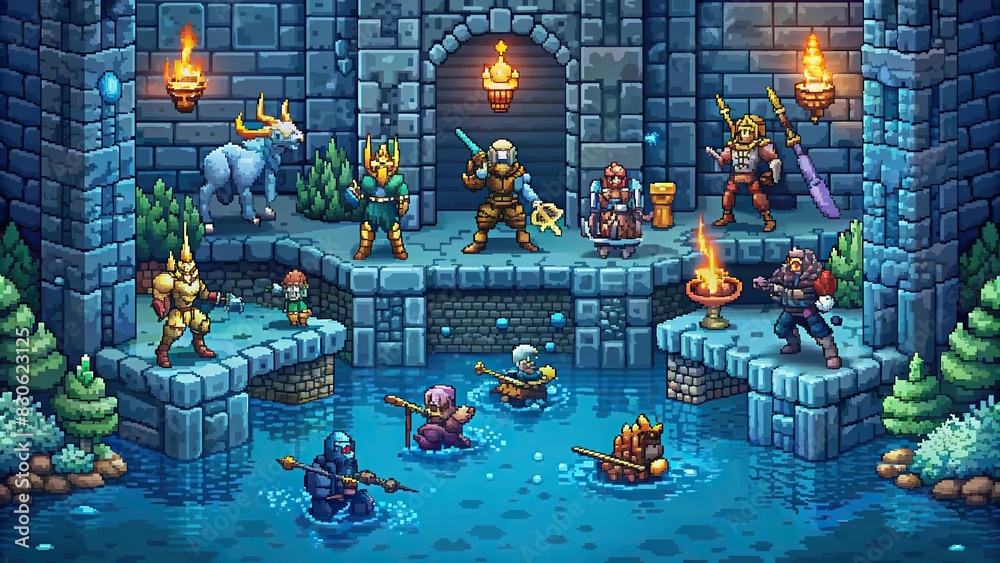 Pixel art style image of an RPG gaming battle scene set in an ...