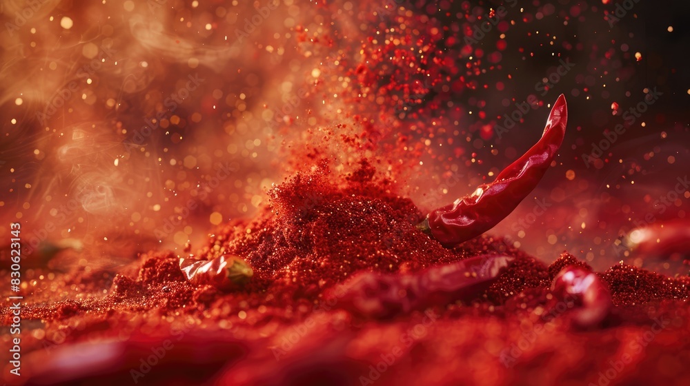Chilli powder with a fiery red hue on a cool chilli backdrop Stock ...