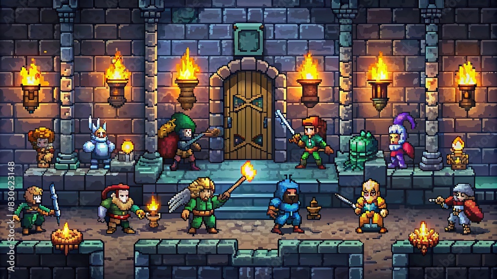 Pixel art RPG battle scene in an underground dungeon ilustração do ...