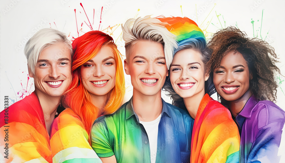 Five happy LGTBI people group with different genders, races and ...