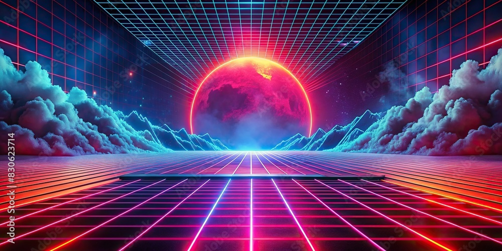 Red grid floor line on a glow neon night background, arcade game, music ...