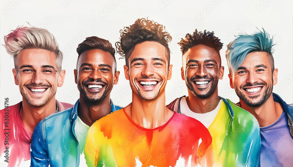 Five happy LGTBI people group with different genders, races and ...