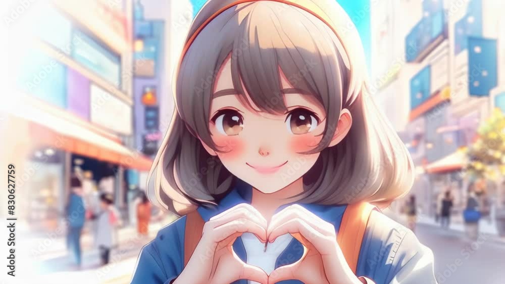 A cheerful anime girl with brown hair and rosy cheeks, making a heart ...