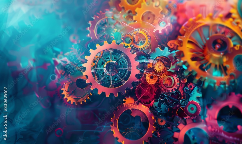 Abstract background with a complex network of colorful cogs and gears ...