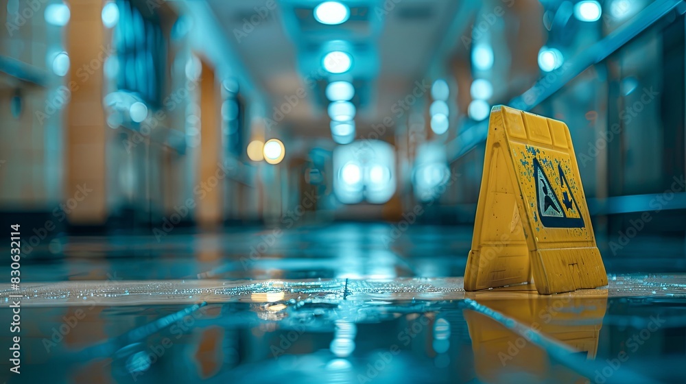 Slippery floor surface warning sign and symbol in building, hall ...