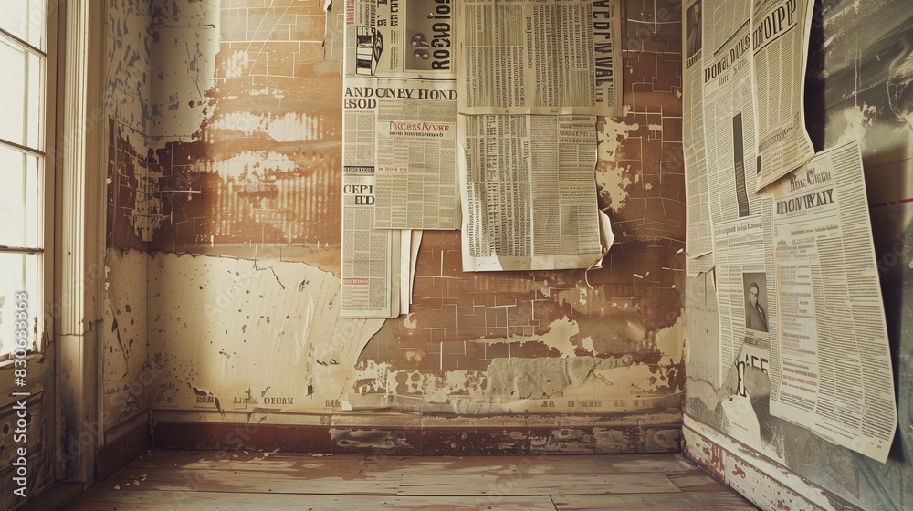 Layers of peeling wallpaper reveal glimpses of vintage newspaper print ...