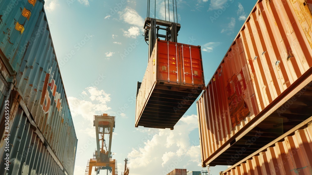 An action shot of a forklift operator loading a container box onto a cargo ship with precision ...
