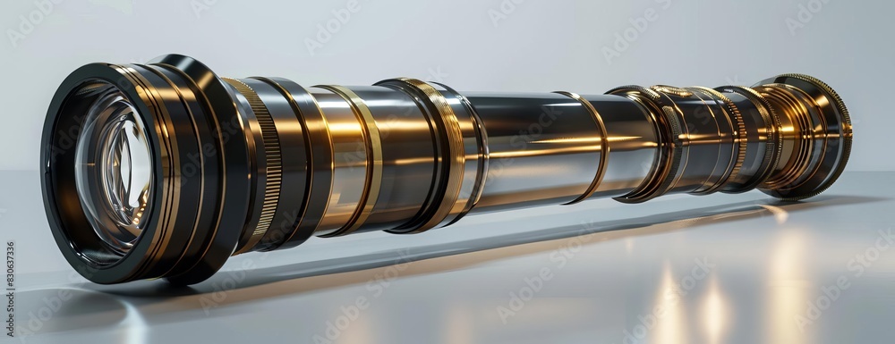 Render a realistic image of a black and gold lightsaber with a crystal ...