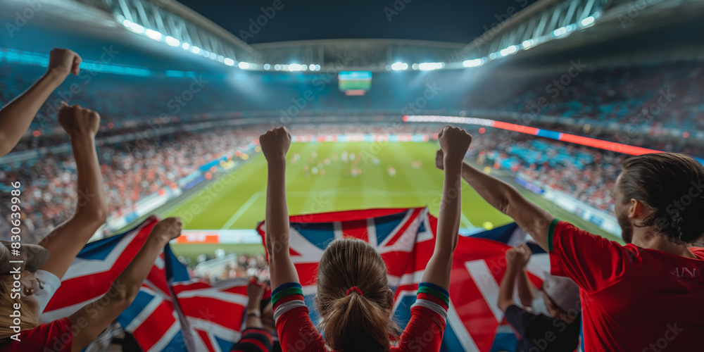 Excited soccer fans cheering in a packed stadium, waving national flags ...