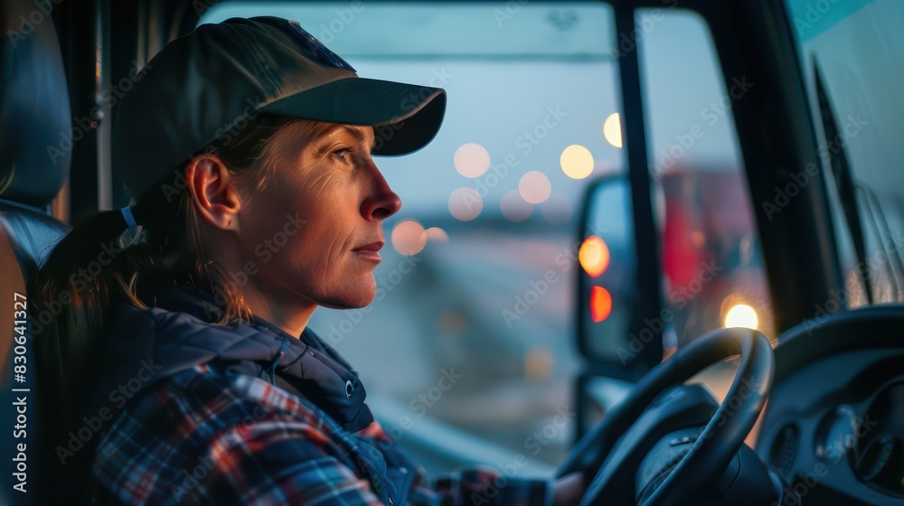 An urban portrait of a female truck driver photographed through the ...