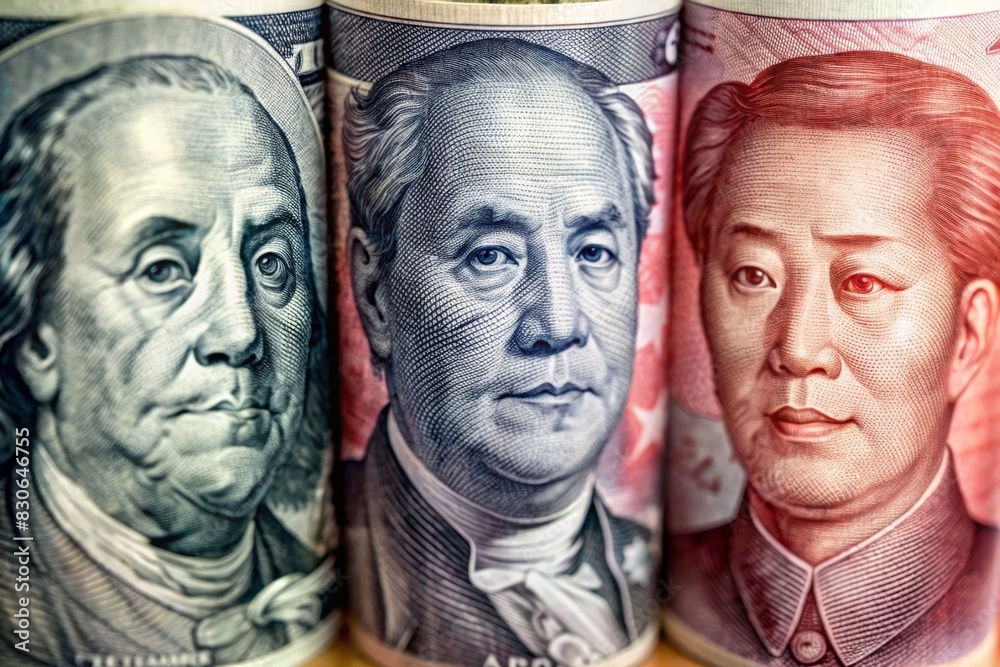 Rolled up scrolls of US dollar bill, Chinese Yuan and Japanese Yen with ...