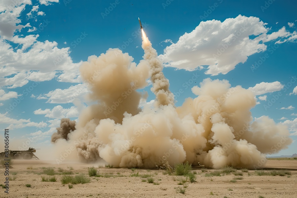 Rocket launch. War. Fire. Antiballistic missile defense. Smoke ...